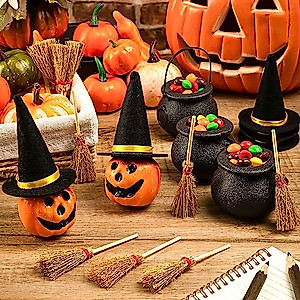 ZHWKMYP Mini Witch Hats and Brooms, 12Pcs Small Witch Hat for Crafts Kit, Witches Broom and Black Candy Cauldron Kettles for Halloween Decorations Party Supplies
