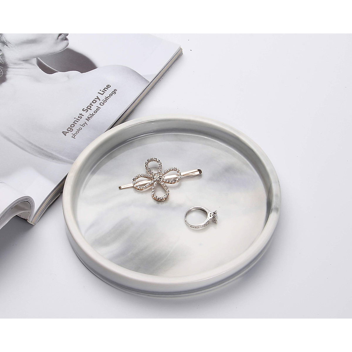 Stone Texture Marble Plate Ceramic Ring Holder Jewelry Dish Perfume Tray Decorative Dresser Organizer Makeup Tray for Vanity, Dresser, Bathroom, Bedroom (Grey, Circular, 6.5")