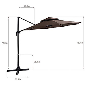 MZQYGL Sunbrella Solar Umbrellas 10ft Market Umbrella with LED Lights Patio Umbrellas Outdoor Table Umbrella 360° Rotatable (Brown)