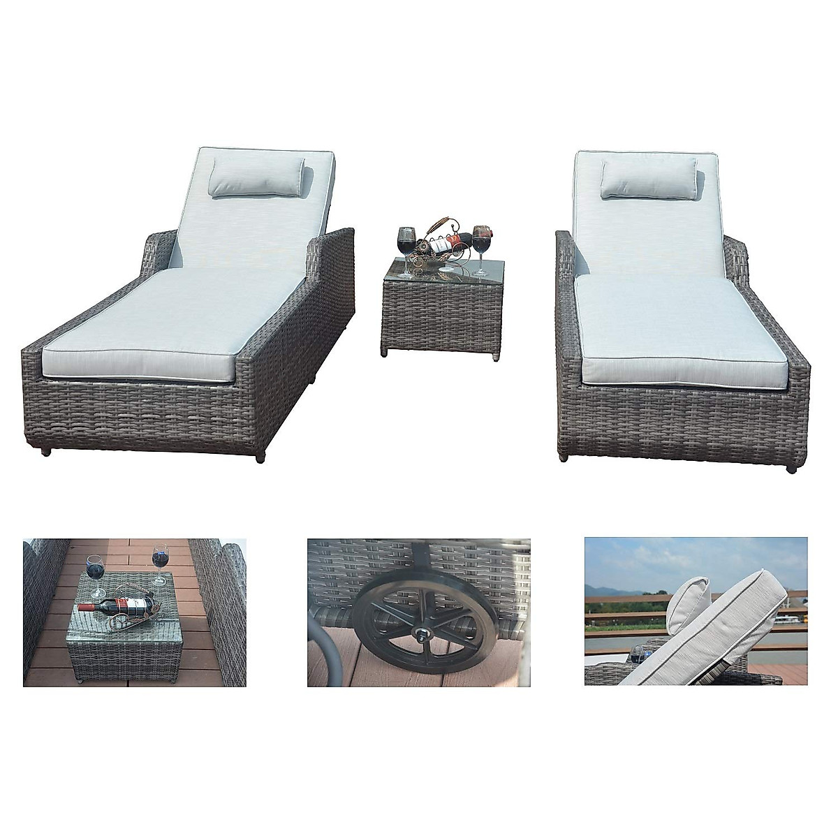 Direct Wicker 3 Pieces Aluminum Frame Outdoor Patio Chaise Lounge with Wheel PE Wicker Adjustable Chaise Lounge Chairs Chair Set for Garden