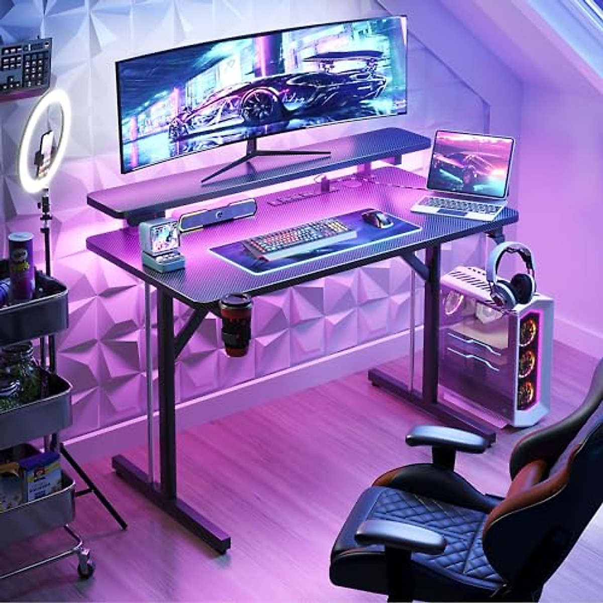 MOTPK Small Gaming Desk with LED Lights & Power Outlets, 31 Inch Computer Desk Gaming Table with Monitor Shelf, Gamer Desk with Carbon Fiber Texture, Kids Boys Desk Gift for Men