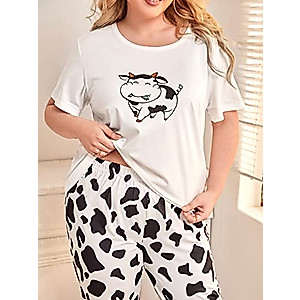 WDIRARA Women's Plus Size 2 Piece Cow Print Short Sleeve T Shirts and Pants Pajama Set Black and White 2XL