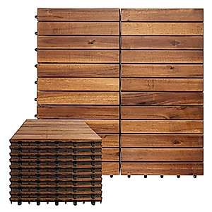 Acacia Wood Interlocking Deck Tiles for Outdoor/Indoor - (Pack of 10) 12"x12" All Weather Balcony Flooring - Snap Click Together Patio Tiles - Portable Waterproof Dance Floor Covering, Outside Walkway