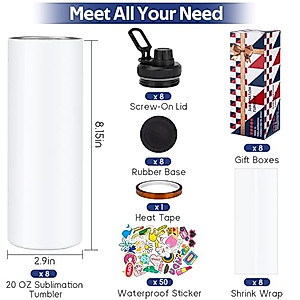GELBEKUH 8 Pack 20 oz Sublimation Tumbler Set Four Layer Stainless Steel Straight Skinny Travel Blank Tumbler Bulk Sublimation Cups with Lid, DIY Stickers Shrink Wrap for Heat Transfer Heat Press