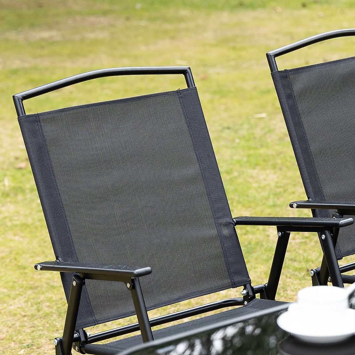 Outsunny 8 Piece Patio Dining Set with Table Umbrella, 6 Folding Chairs and Rectangle Dining Table, Outdoor Patio Furniture Set, Black