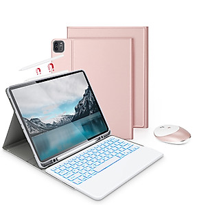 Backlit Keyboard Case and Mouse Compatible with iPad Pro 12.9 2020/2018, Detachable Keyboard US Layout with Mice & Cover for iPad Pro 12.9 4th Gen./3rd Gen, Rose Gold