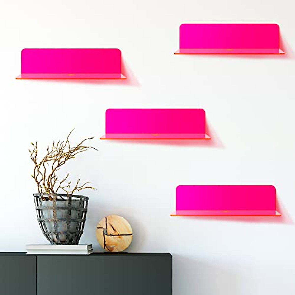 Floating Wall Shelves 9 Inch Acrylic Small Wall Shelf Hanging Shelves Adhesive Shelf Screwless Display Shelf with Cable Clips and Stickers for Bathroom, Bedroom, Office (Fluorescent Pink, 4 Pcs)