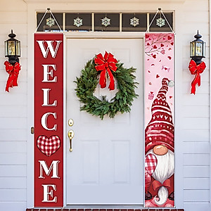 Welcome Valentine Porch Banners Gnome Love Door Banner with Love Gnome Leaves Gift Box Pattern Valentine's Hanging Banners Valentine Home Decors for Valentine Home Indoor Outdoor Supplies (Love Theme)