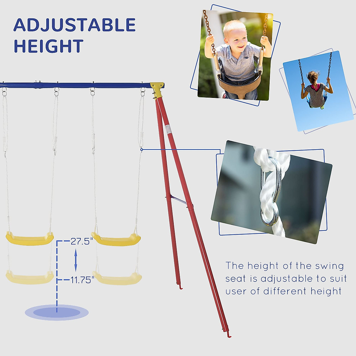 Outsunny Metal Swing Set with Glider, Two Swing Seats and Adjustable Height, Outdoor Heavy Duty A-Frame Suitable for Playground, Backyard, Multi-Color