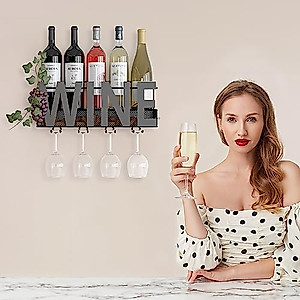 SODUKU Wall Mounted Metal Wine Rack 4 Long Stem Glass Holder & Wine Cork Storage Wine