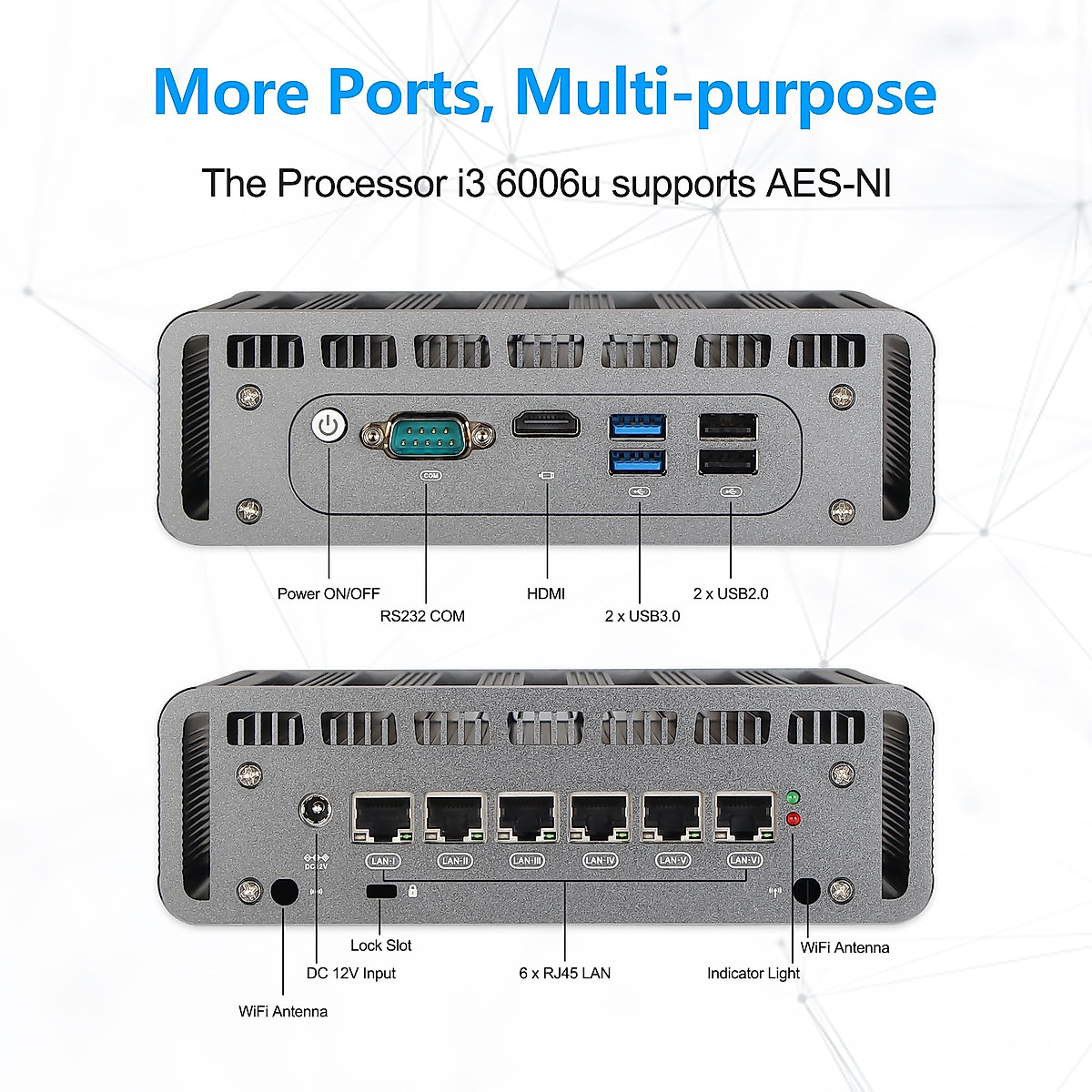 VNOPN Micro Firewall Appliance 6 LAN Intel Core i3 6006U 8GB DDR4 128GB SSD, 6 Intel i211 NIC Gigabit Ports Industrial Fanless Mini PC, Network Soft Router Mini Computer, Support AES NI/WiFi