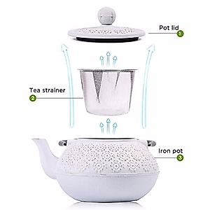 Sotya Cast Iron Teapot, 40oz/1200ml Japanese Tetsubin Tea Pot with Infuser for Loose Leaf and Tea Bags, Tea Kettle Coated with Enameled Interior for Stove Top, White