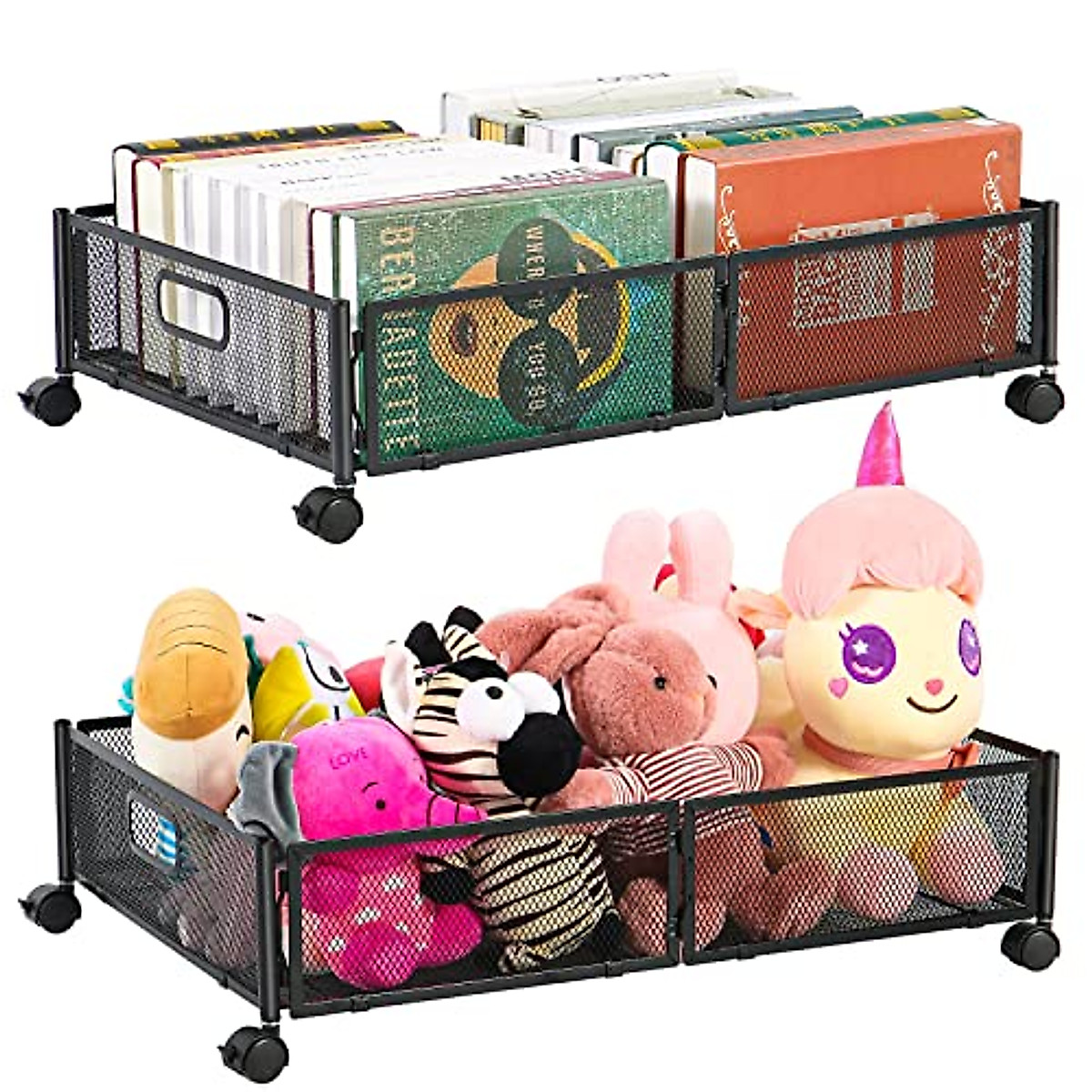 Under Bed Storage, Under Bed Storage Containers with Wheels and Handles, Foldable Heavy Duty Metal Under Bed Shoe Storage Organizer, Under Bed Storage Drawer for Blanket, Clothes, Toy, Book, 2 Pack