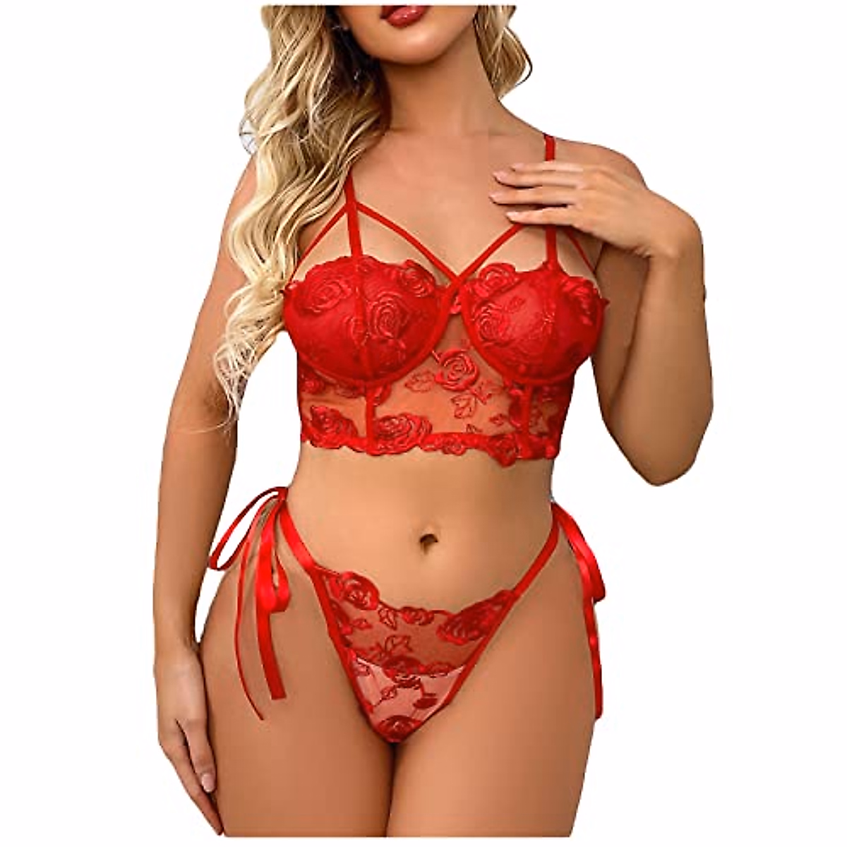 Lingerie for Women Sexy Naughty, Outfit Boudoir Outfits Lengerie Bodysuit Ladies Solid Color Lace Sling Bra Lace-Up Panties Two-Piece Split Suit with Steel Ring Stockings (S, Red)
