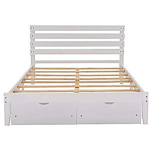 LCH Queen Size Murphy Bed with Storage Drawer and Little Shelves on Each Side, Solid Wood Queen Platform Bed Frame for Kids Teens Adults, No Box Spring Needed (White)