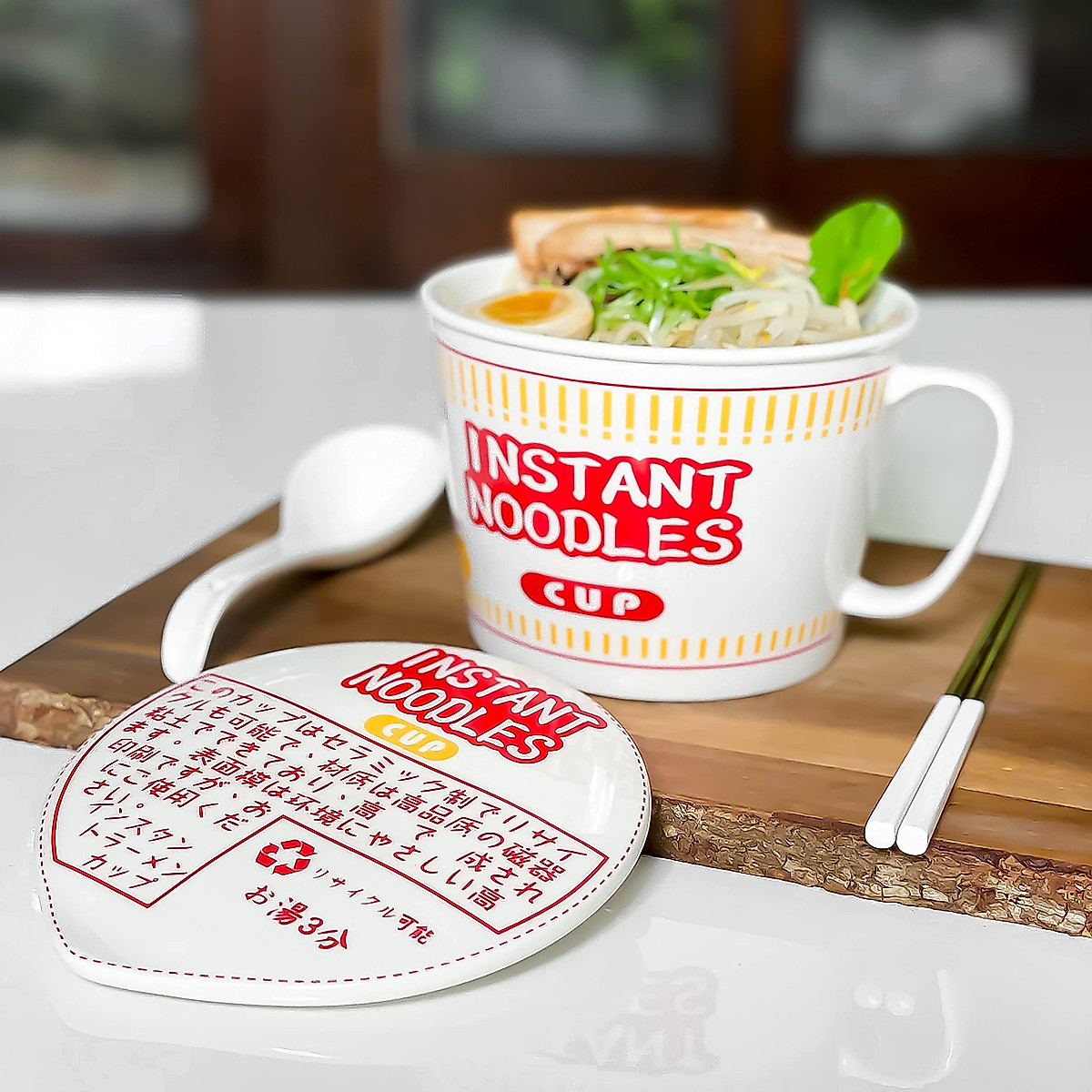 The Cozy Maison Japanese Instant Noodles Cup Ramen Ceramic Bowl Set with Ceramic Spoon and Stainless Steel Chopsticks