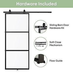 BARNSMITH 36in x 84in Frosted Glass Barn Door with 6FT Top Mounted Hardware kit Include Soft Close Mechanism Black Carbon Steel Tempered Frosted Glass Sliding Door, Assemble Required Easy Installation