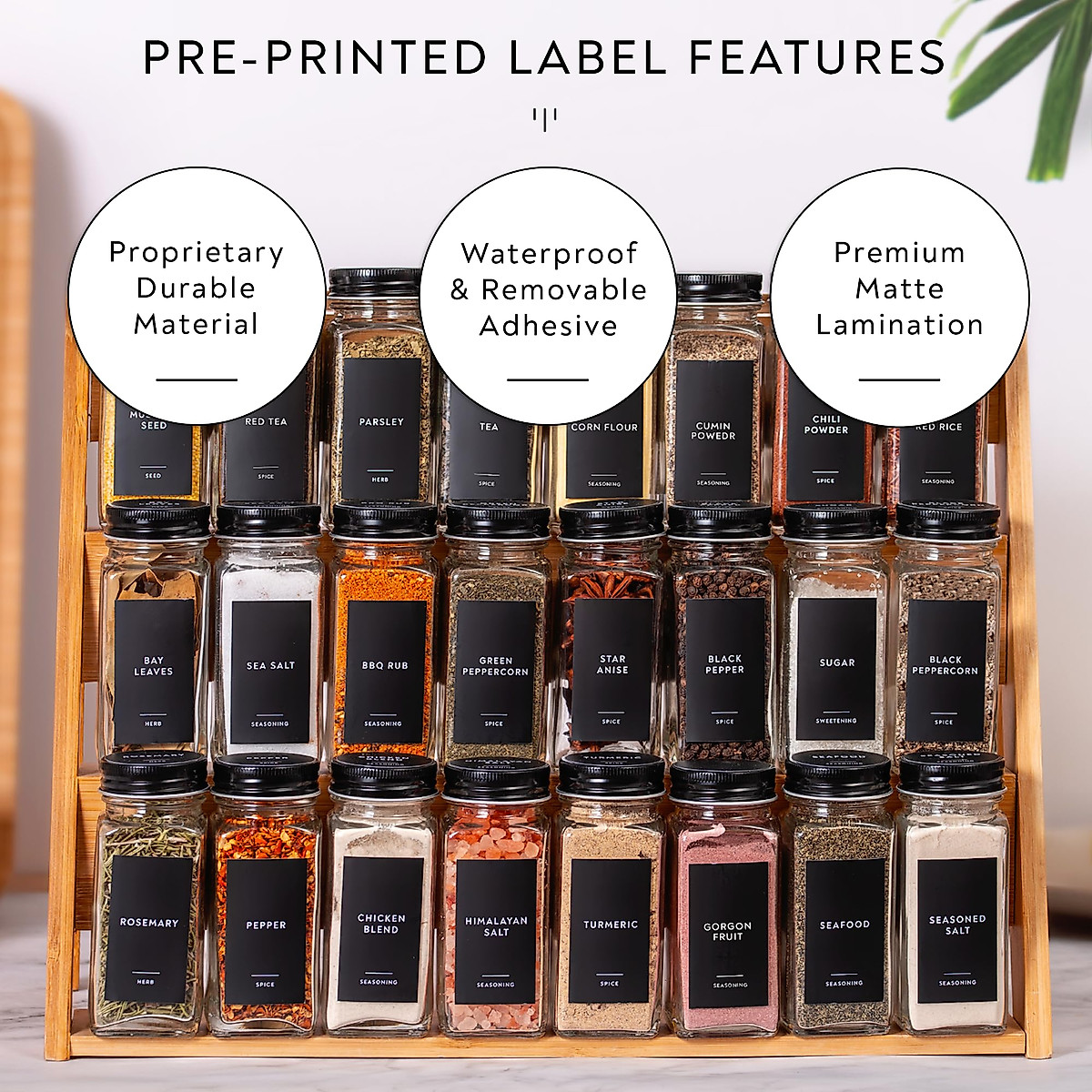 Laramaid 4oz 24Pack Spice Jars with 455 Black Vinyl Spice Labels, Shaker Lids Dispenser with Airtight Black Metal Caps, Cleaning Brush and Collapsible Silicone Funnel Complete Set