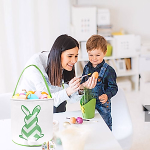 AOUTACC 3 Pack Easter Bunny Baskets, Easter Egg Hunt Bunny Bags Little Baskets with Fluffy Tail Canvas Cotton Rabbit Handbag Bucket Tote Bag for Kids Girls (Style 3,Pink + Green + Blue)