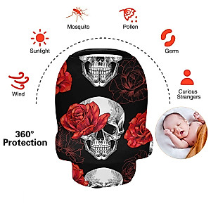 Nursing Cover Breastfeeding Scarf Skull and Red Roses- Baby Car Seat Covers, Stroller Cover, Carseat Canopy (v)