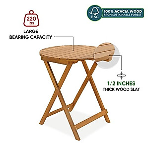 IDZO Heavy Duty 400lbs Capacity Acacia Wood 3 Piece Outdoor, Folding Bistro Set w/Cushion, Round Table, Teak Finish