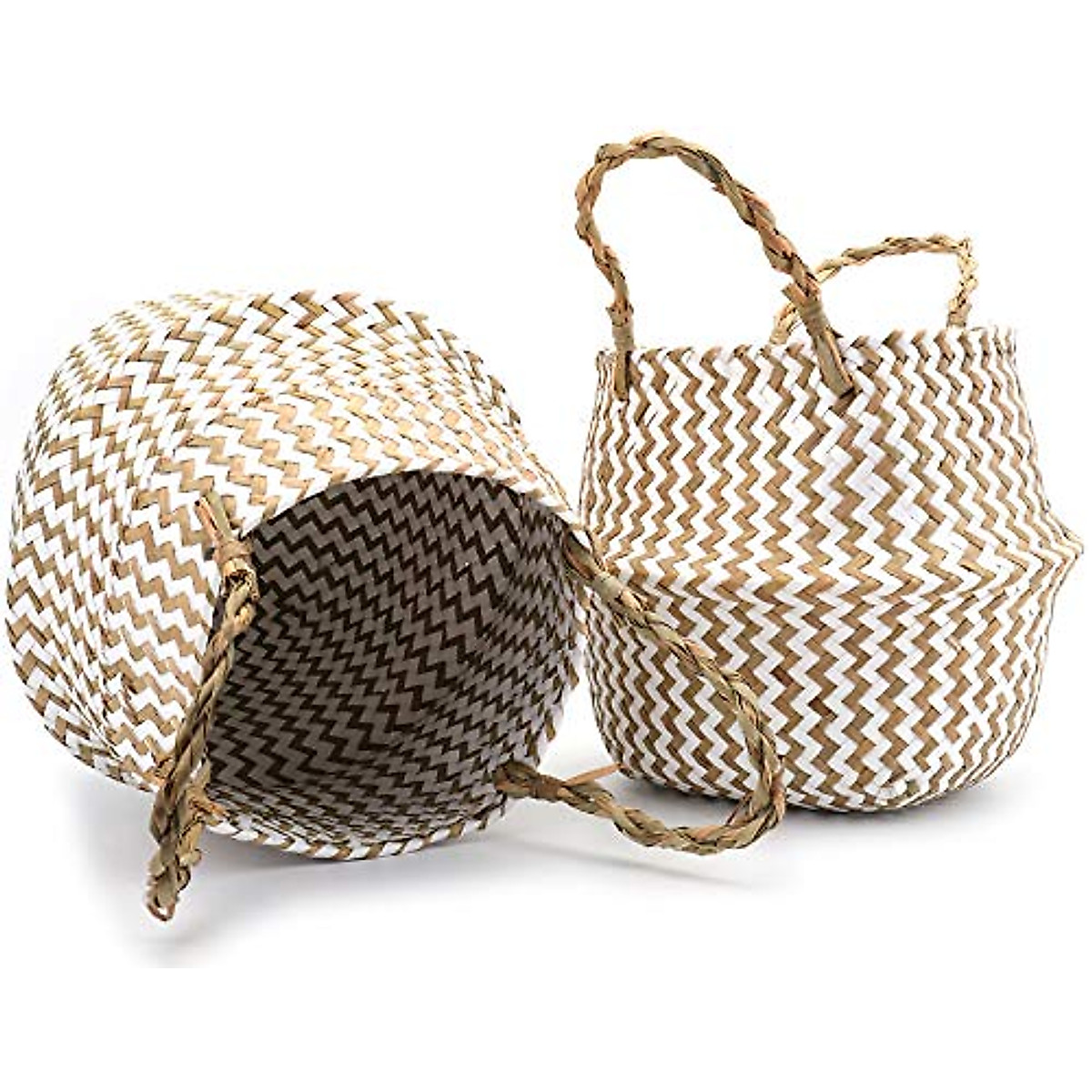 Nicunom 2 Pack Seagrass Belly Basket White Zigzag Pattern, 11 Inch Foldable Hand Woven Plant Basket with Handles, Storage Laundry, Picnic, Beach Bag, Plant Pot Cover for Home Decor