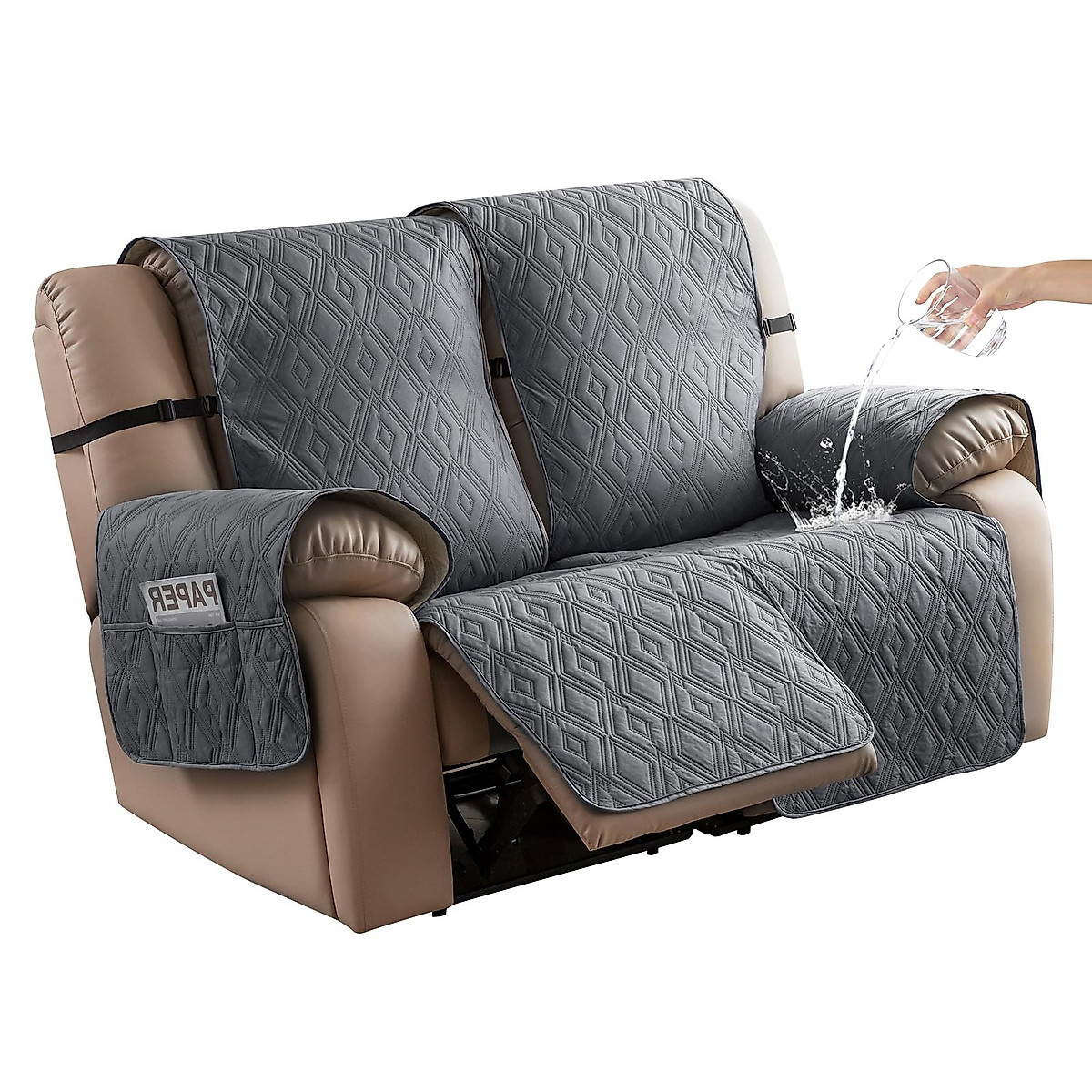 Genina Loveseat Recliner Cover Non-Slip, Sofa Cover for Reclining Couch 2 Seat, Loveseat Covers Double Recliner Furniture Protector Cover with Elastic Straps for Pets (Dark Gray, Recliner Loveseat)