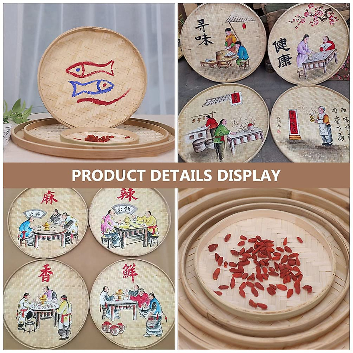 Healifty 4 Pcs Handwoven Flat Wicker Round Fruit Basket Woven Food Storage Weaved Shallow Tray Organiser Vegetable Fruit Bowl Kids DIY Drawing Board Wall Basket Decor for Kitchen Table Centerpiece