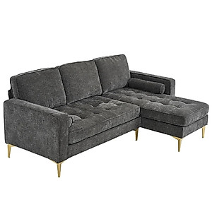 FANCUF Modular 3-Seater Sofa with Footstool Chenille Rhombus Electroplated Golden Tripod Legs, Drak Gray, for Living Room