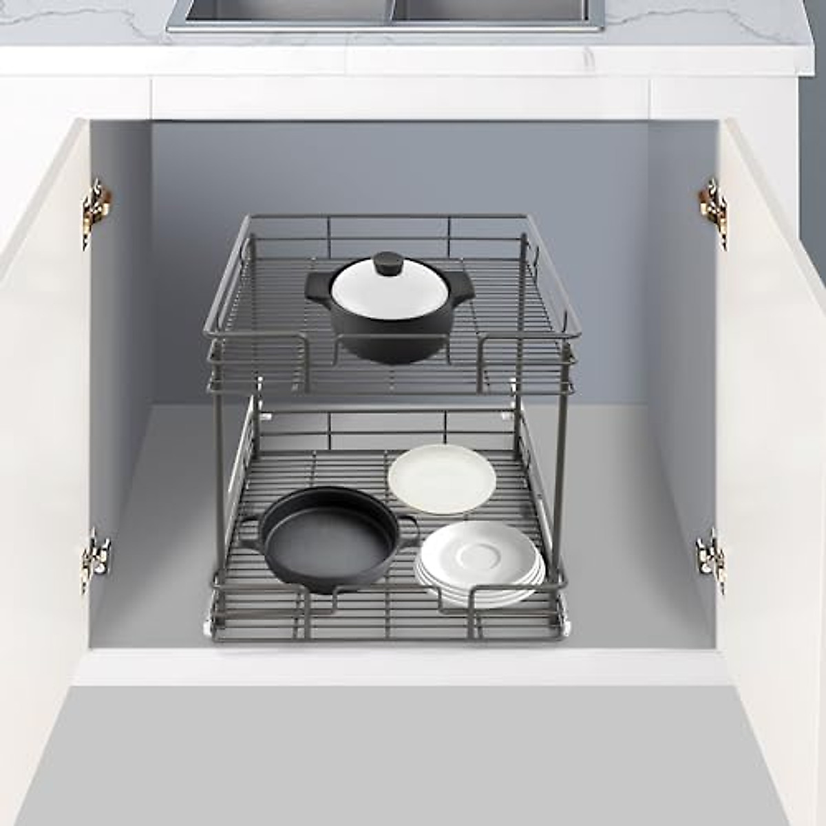 YETINGSHOP Version Pull Out Cabinet Organizer for Base Cabinet, Kitchen Cabinet Organizer and Storage 2-Tier Cabinet Pull Out Shelves Under Cabinet Storage for Kitchen (Gray, 16.5" W X 21.5" D)