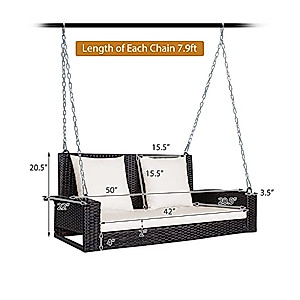 Happygrill Porch Swing Bench Outdoor 2-Person Patio Rattan Swing Chair with Soft Cushions, 7.9ft Reinforced Steel Chain, Solid Steel Frame, Perfect for Backyard, Poolside, Front Porch White
