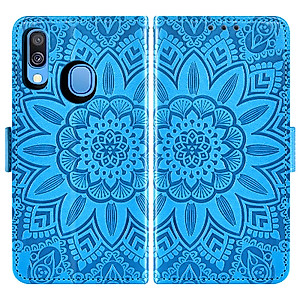 Asuwish Phone Case for Samsung Galaxy A40 with Tempered Glass Screen Protector and Flower Leather Wallet Flip Cover Credit Card Holder Stand Cell Accessories Glaxay A 40 Gaxaly 40A Boys Women Men Blue