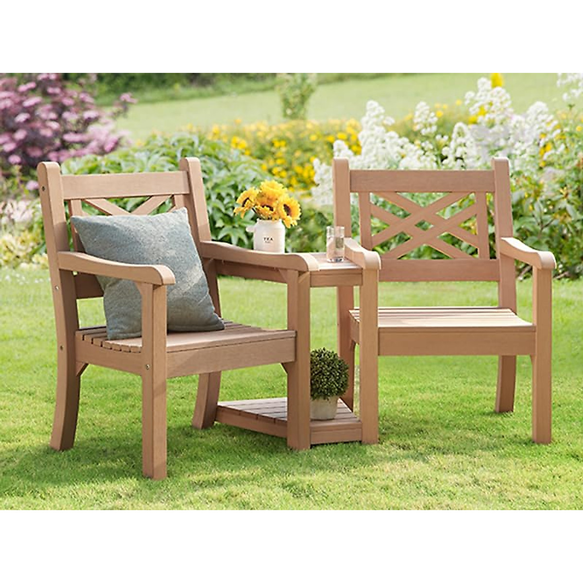 Psilvam Patio Furniture, All-Weather Poly Lumber Outdoor Loveseat, 2-Seater Outdoor Chair with Center Table & Umbrella Hole, Waterproof Accent Chairs Suitable for Lawn, Garden, Terrace (Teak Color)