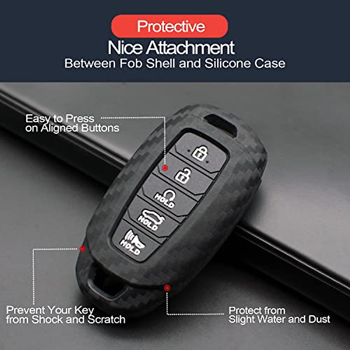 INFIPAR 2pcs Compatible with Hyundai Palisade Elantra Smart 5 Buttons Silicone FOB Key Case Cover Protector Keyless Entry Carbon Fiber Looks Remote Holder