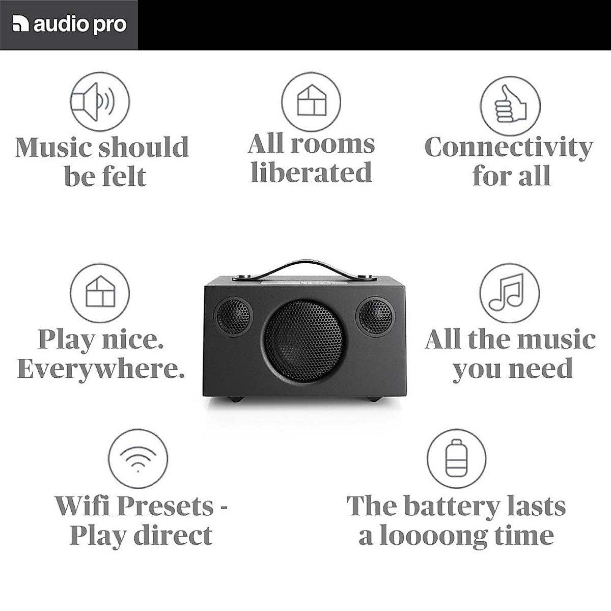 Audio Pro Addon C3 Wireless Bluetooth Speaker | High Fidelity, WiFi Multiroom, Rechargeable, Portable Speaker | AirPlay, Alexa, Spotify Connect Compatible Home & Outdoor Speaker | Black