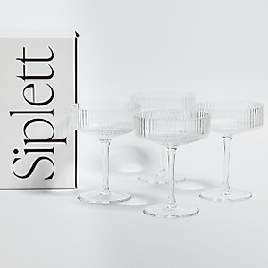 Siplett Luxe Champagne Coupe Glasses Set of 4 10 oz, Ribbed Martini Glasses with Gift Box, Vintage Champagne Glasses, Classic Cocktail Glasses with Stem