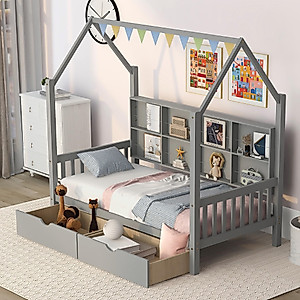 Pink House Beds with Trundle and Storage Shelves for Kids Montessori Bed Wood Playhouse Tent Bed Frame for Girls Boys, Twin Size