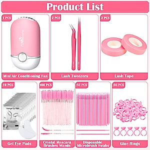 Modacraft Eyelash Extension Supplies Kit for Beginners with USB Air Conditioning Blower 2 Lash Tweezers, 100 Mascara Brushes, 50 Micro Applicators 50 Ring Cup Holders, 2 Tapes 10 Eye Gel Pads