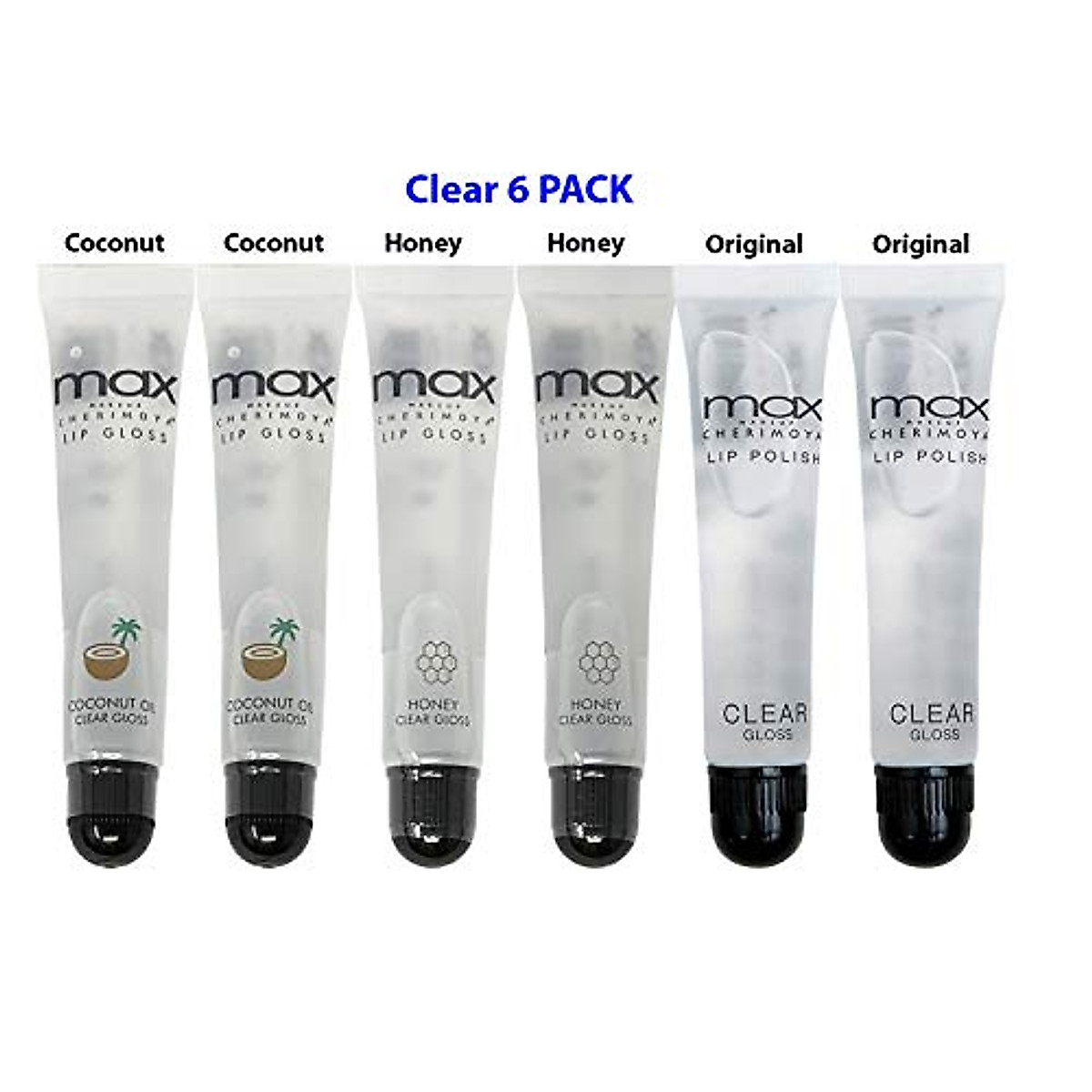 (6Pack) MAX Makeup Cherimoya Lip Polish Coconut Oil Clear Gloss (2Original+2Coconut+2Honey)