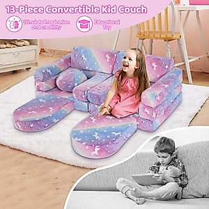 13 PCS Kids Play Couch, Modular Kids Play Couch Set,Glowing Toddler Couch, Kid Play Couch Sofa for Playroom and Bedroom (Rainbow)