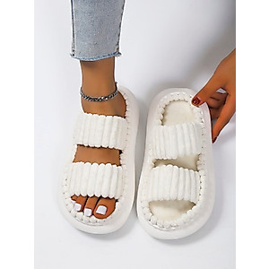 OYOANGLE Women's Solid Minimalist Stripe Fuzzy Bedroom Slippers Fashion Warm Furry Open Toe House Slipper White CN42-43