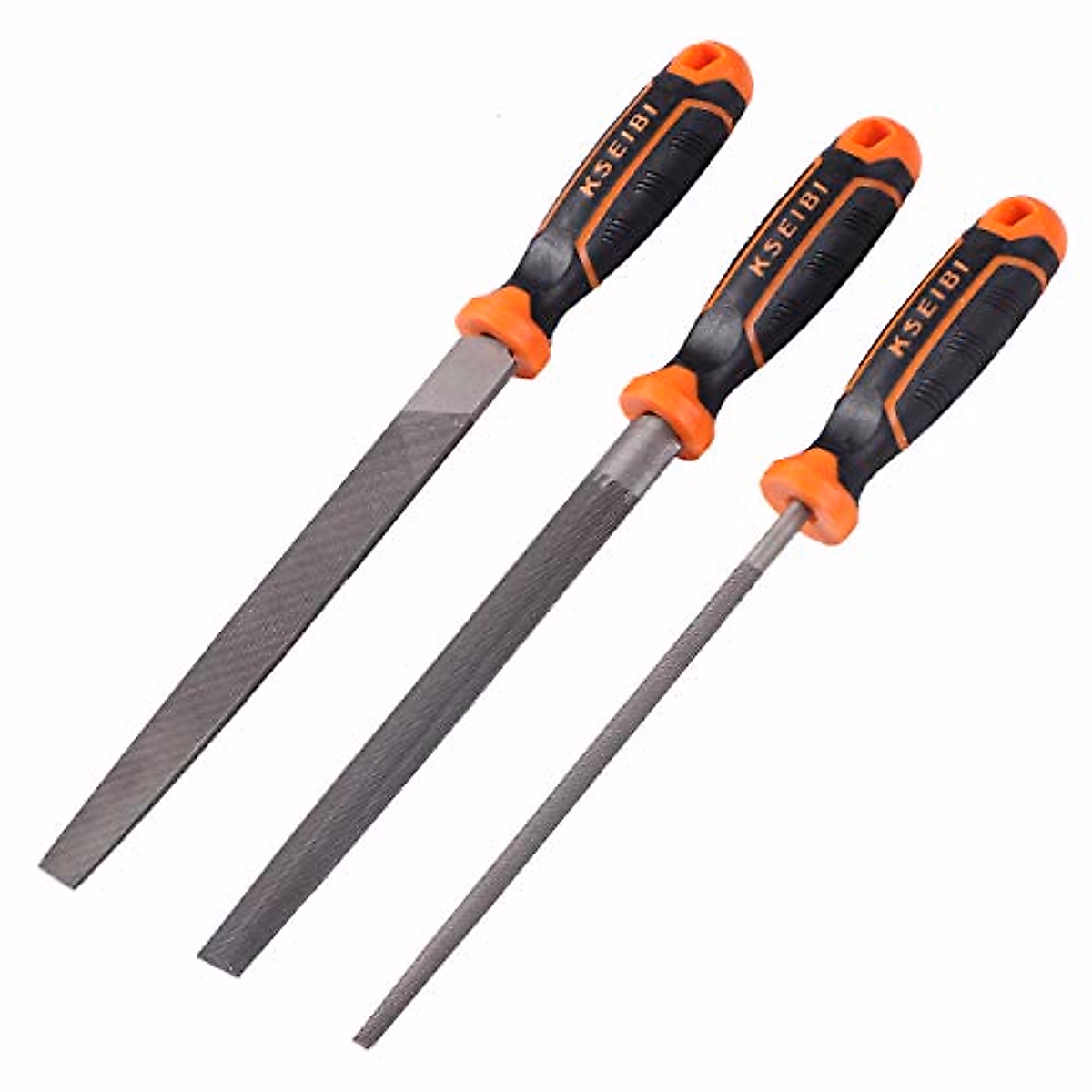 KSEIBI 311485 Metal File Set 3-Pcs Kit, High Steel Blade W Soft-Grip Rubber Handle, 8 Inch Square Flat, Round and Half Rounf Files, Ideal for Steel and Wood