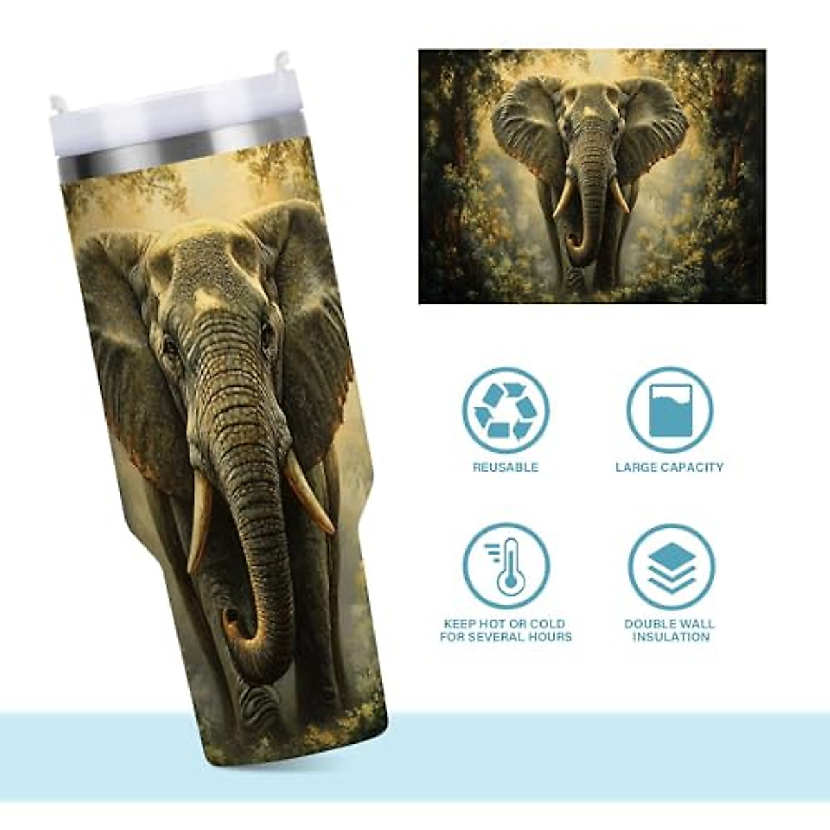Jihqo Jungle Elephant 40 oz Stainless Steel Vacuum Insulated Tumbler with Handle and Straw Lid, Leakproof Water Bottle Double Wall Travel Mug Coffee Cup, Cupholder Friendly
