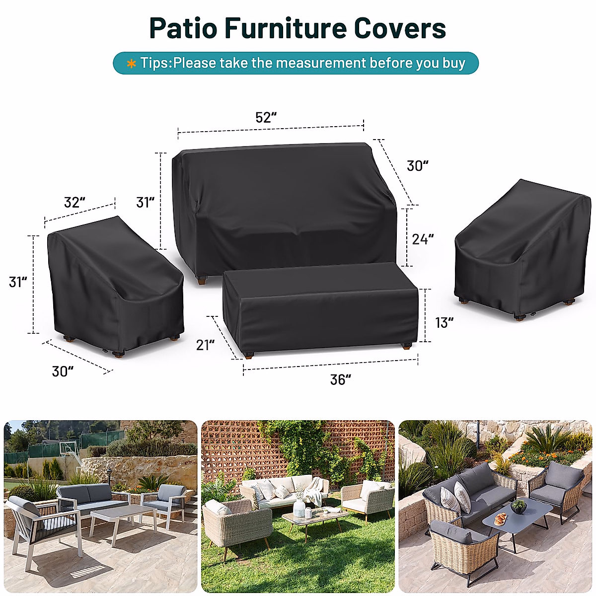 Mrrihand Patio Furniture Covers, 4 Piece Outdoor Furniture Cover Waterproof includ Ourdoor Sofa Cover, 2 Chair Covers, Coffee Table Cover with Windproof Buckle Strap and Adjustable Drawstring