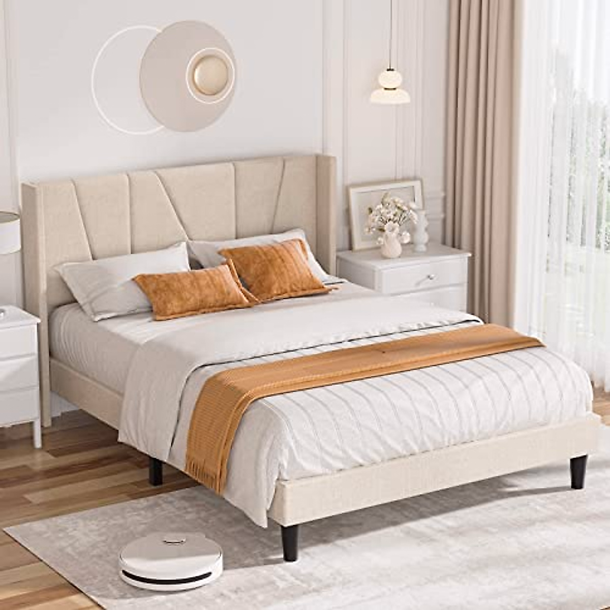 HOMBCK Full Size Bed Frame with Geometric Wingback Headboard, Modern Fabric Upholstered Platform Bed Frame Full with Strong Wood Slat Support, No Box Spring Needed, Easy Assembly, Beige