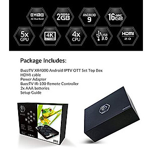 BuzzTV XR4000 - Android 9.0 IPTV Set-Top Box with IR-100 Remote - Faster Than Ever Before - 4K Ultra HD - 2GB RAM 16GB Storage - Latest Graphics Processor - Dual Band WiFi