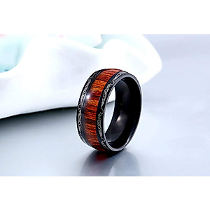 HIJONES Unisex Stainless Steel Rings Koa Real Wood Wedding Engagement Ring Band High Polished Finish Black Size 7