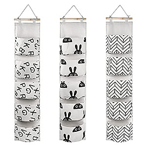 DSVENROLY 3Pcs Hanging Storage Bag with 5 Pockets, Premium Cotton＆Fabric Over The Door Hanging Organizer Waterproof Wall Door Closet Hanging Shelve for Bedroom, Washroom, Living Room