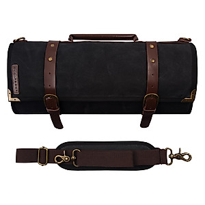 Manjushri Elegant and Light 12 Slots Professional Waxed Canvas & Genuine Leather Chef Knife Roll Bag Case with 4 Zipper Pouch Knife Organiser (Walnut Brown)