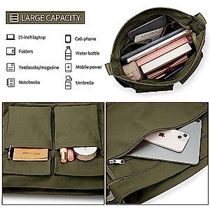 KALIDI Canvas Tote Bag, Messenger Bag with Pockets, Large Crossbody Bag for Women or Men, Casual Canvas Shoulder Bag for College Work Travel Daily, Army Green